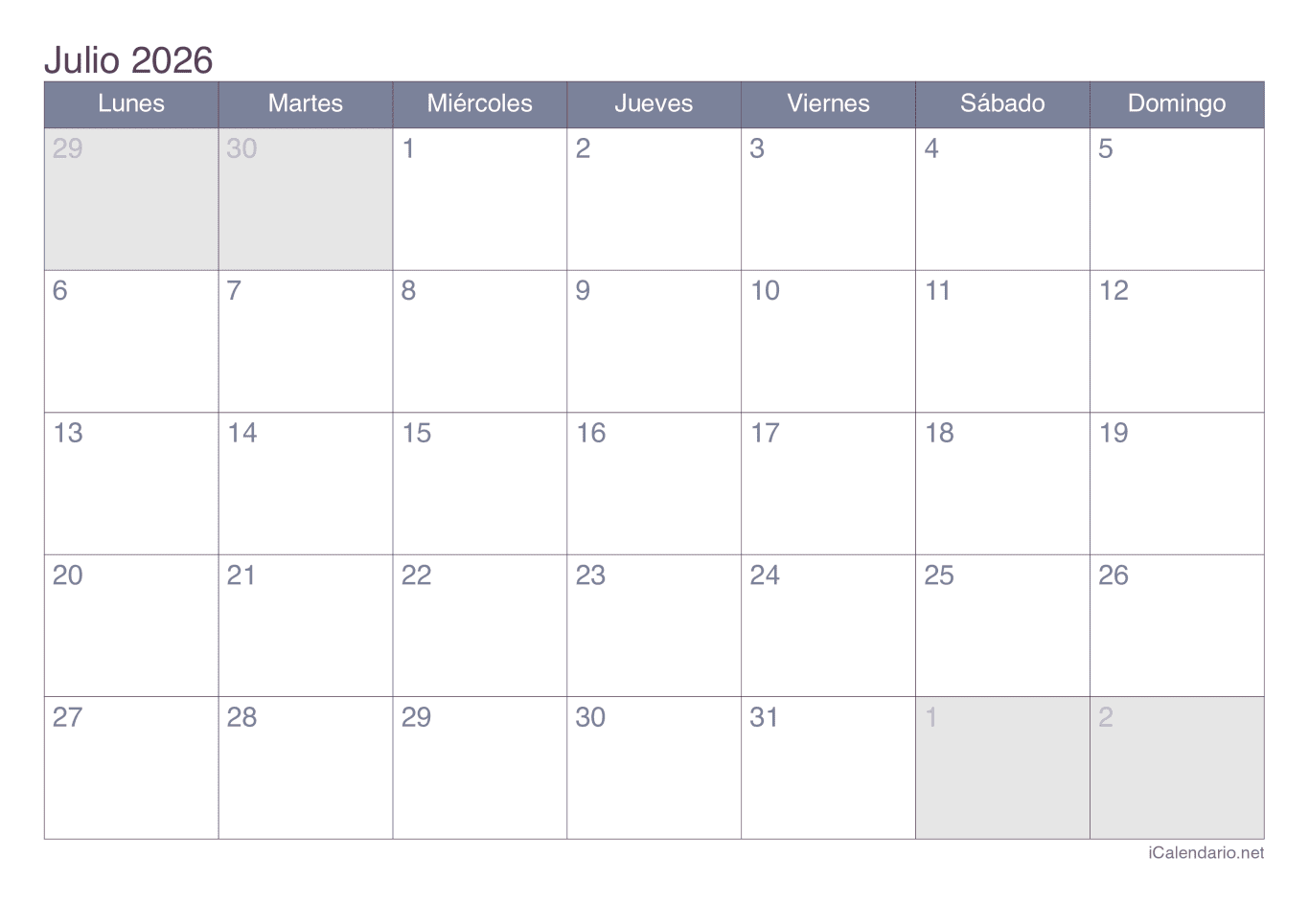 Calendario Julio De 2026 Para Imprimir Calendario Julio De 2026 Para Imprimir